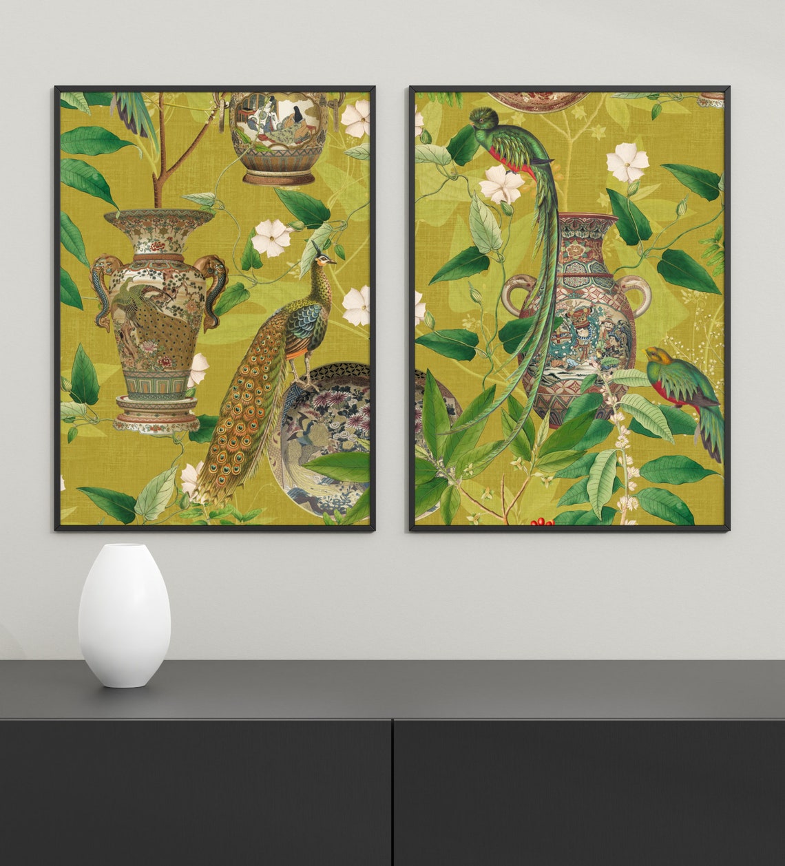 Chinese Vases Print Set, Peacock Oriental Art, Boho Decor - Etsy