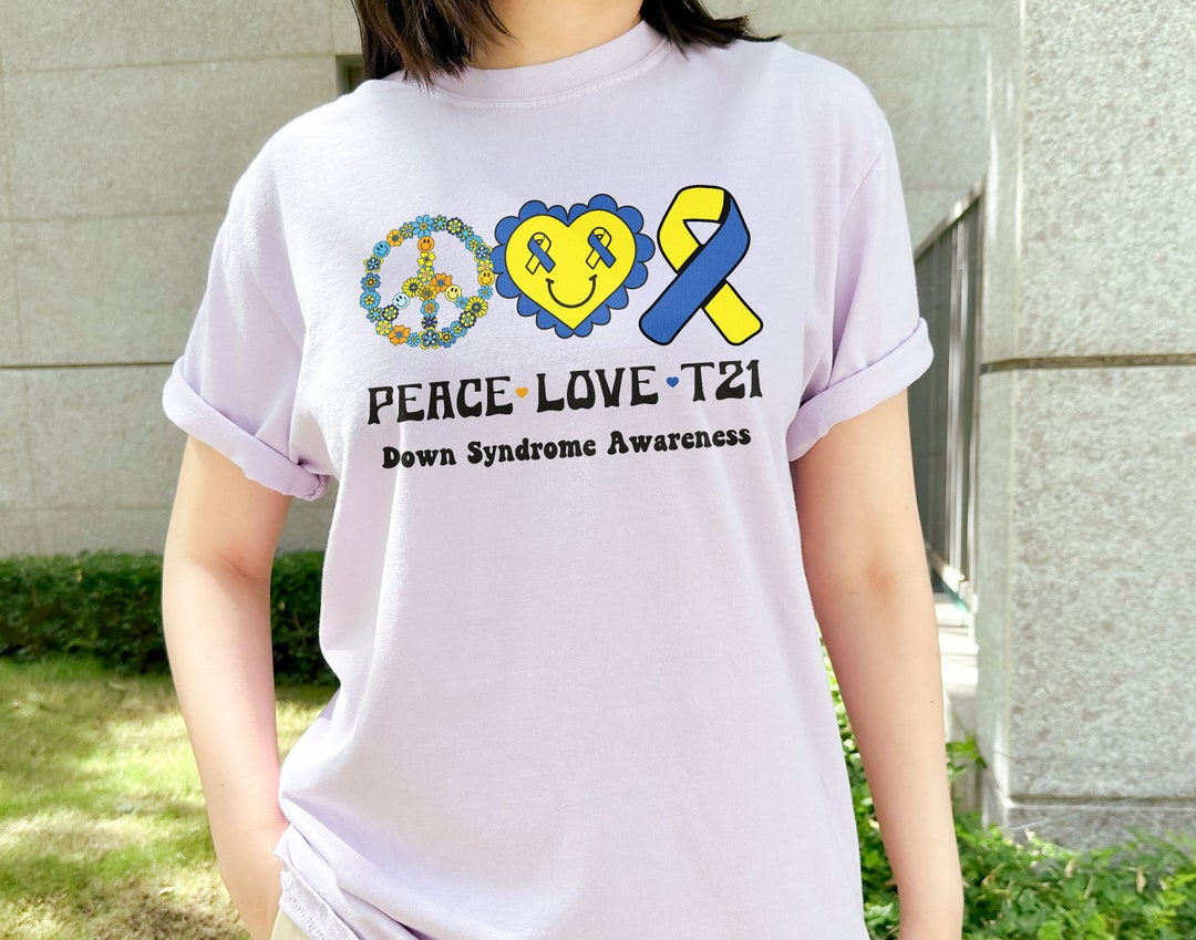 Peace Love T21 Shirt, Extra Chromosome Shirt, Down Syndrome Awareness Shirt, Gold Blue Ribbon ...
