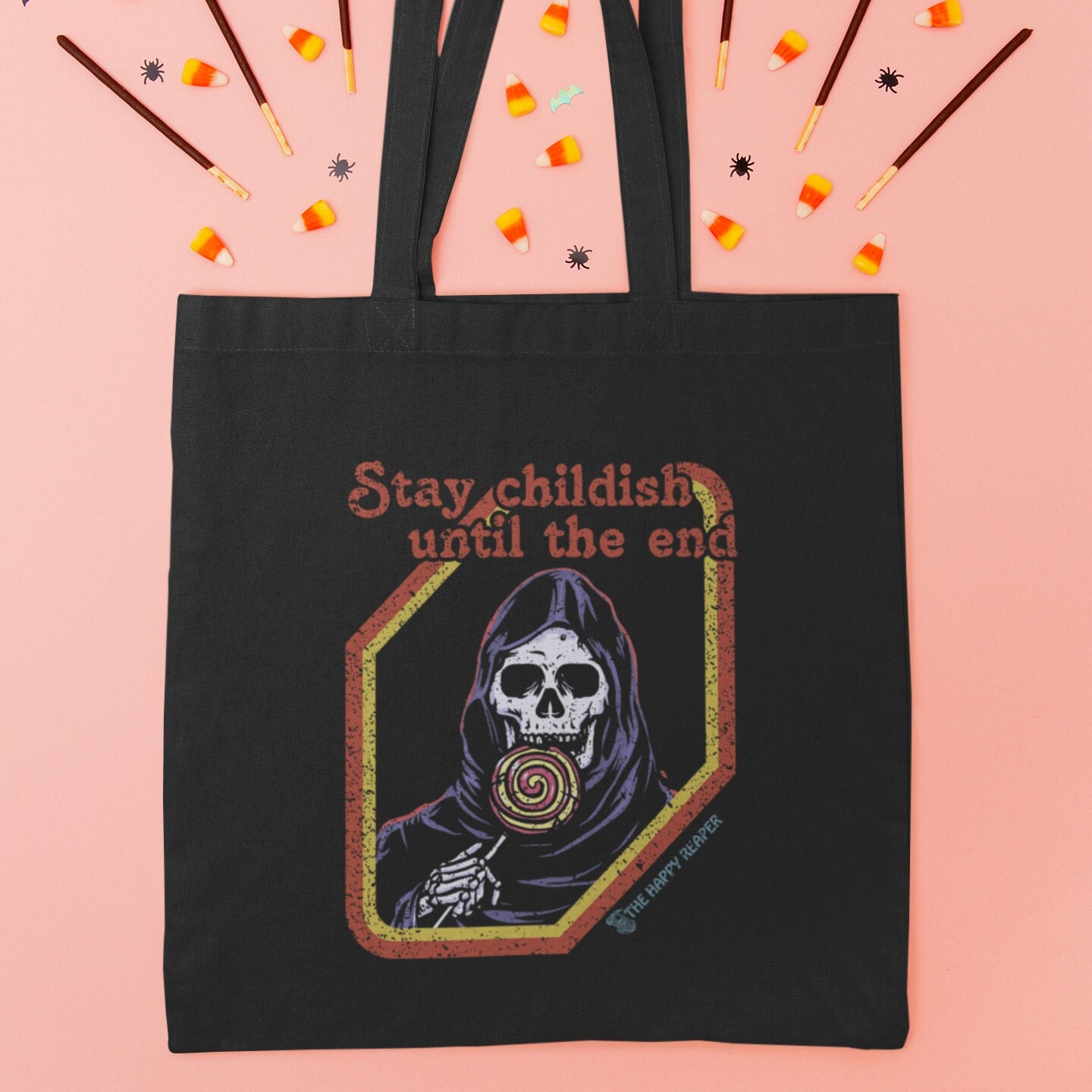 Retro Comic Jute Bag Stay Childish Until the End the Happy Grim Reaper ...