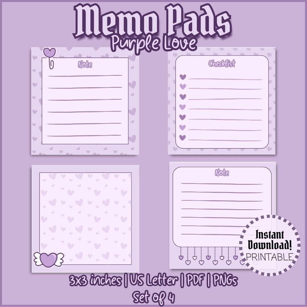 Printable Purple Memo Pad, Cute Printable, to Do List Notepad, Digital ...