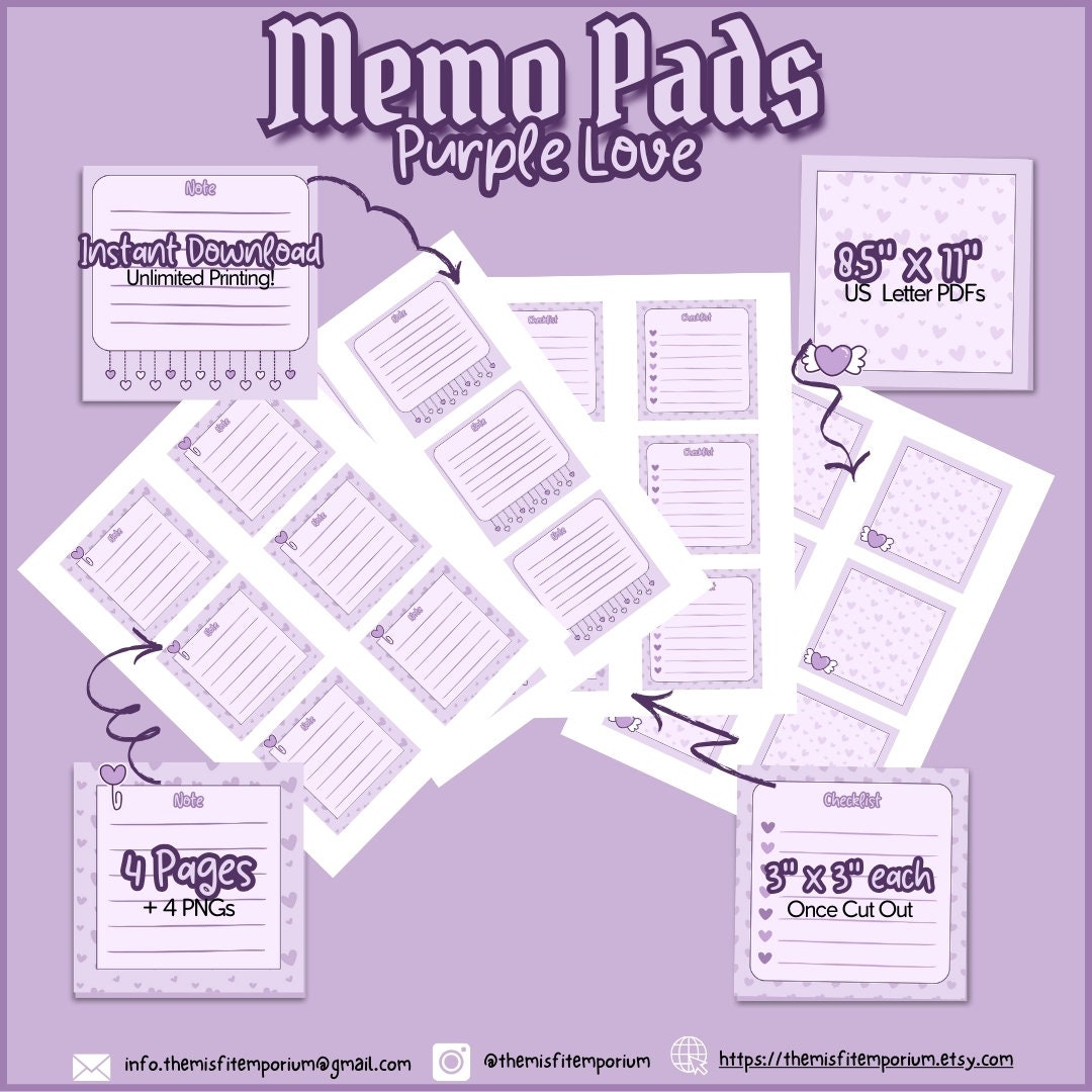 Printable Purple Memo Pad, Cute Printable, to Do List Notepad, Digital ...