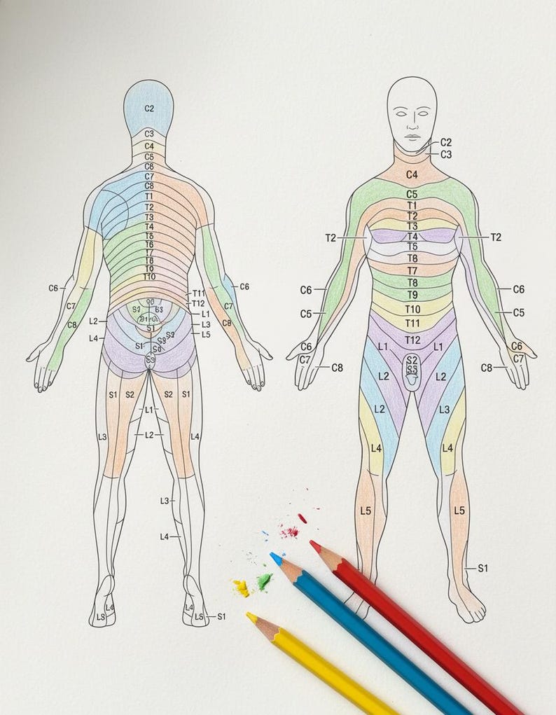 Dermatome Map Coloring Page | Anatomy Study Guide (printable) | Digital ...
