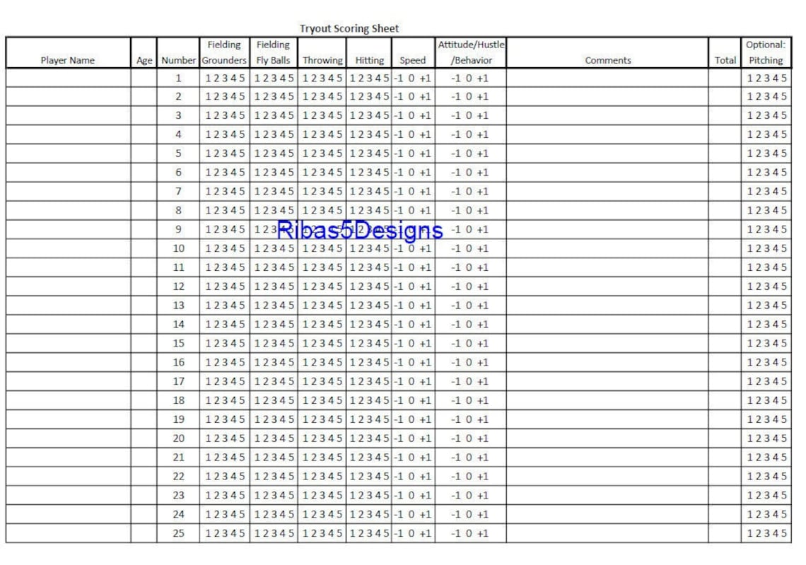 Baseball Softball Tryout Evaluation Sheet Printable Download PDF - Etsy