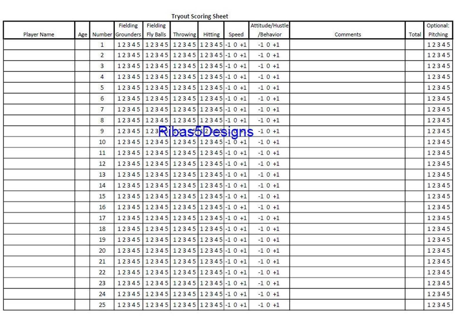 Baseball Softball Tryout Evaluation Sheet Printable Download PDF - Etsy