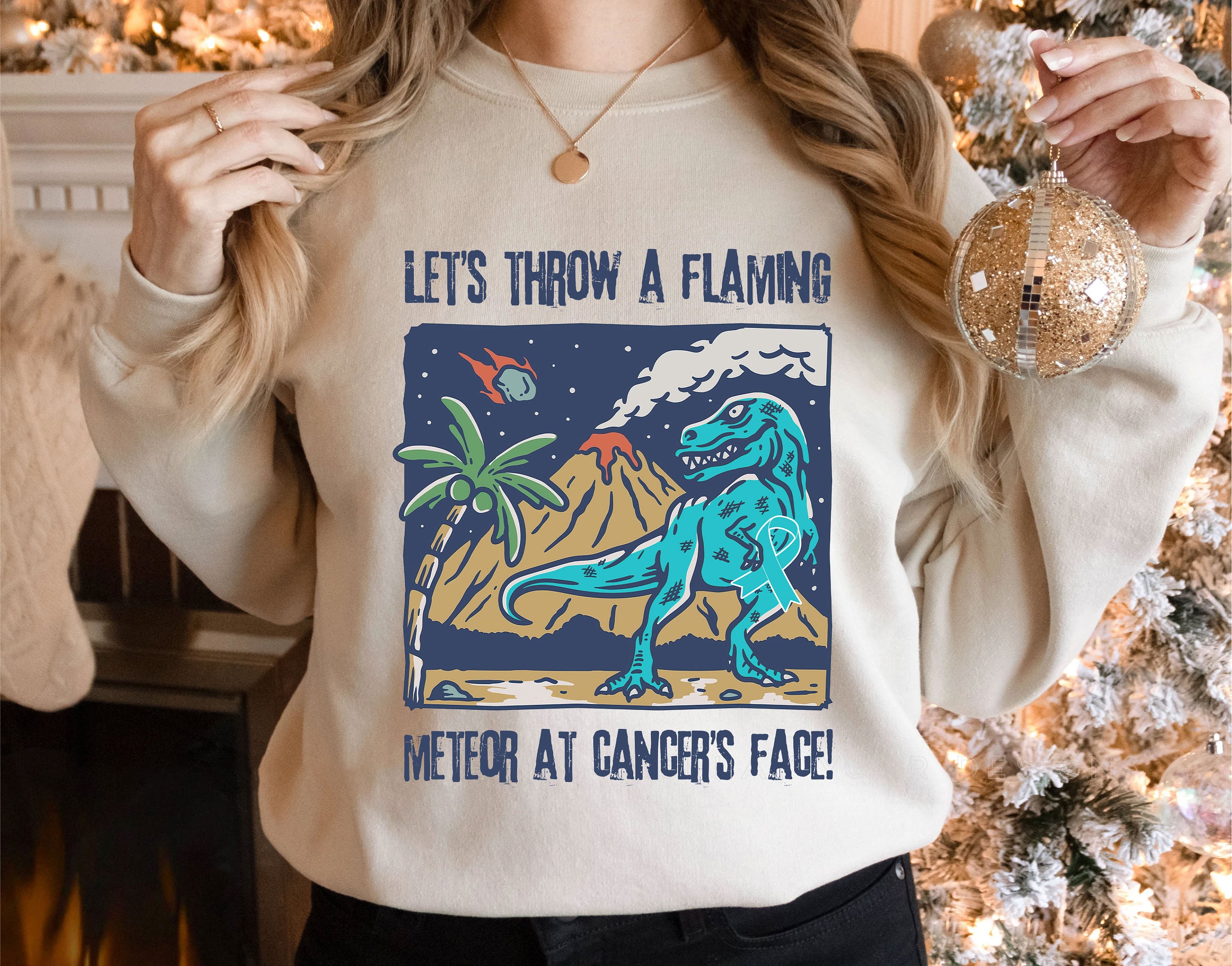 Throw A Flaming Meteor At Ovarian Cancer Shirt Funny Dinosaur Ovarian Survivor T Shirt Teal