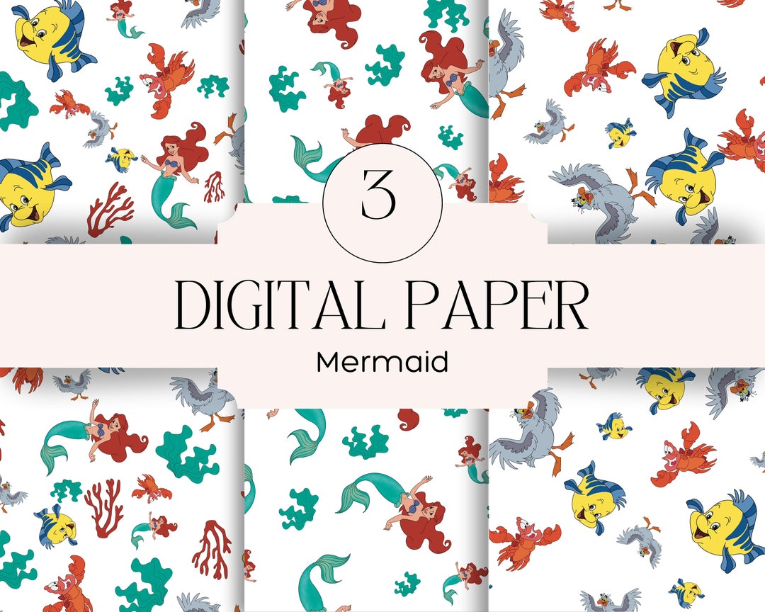 3x Ariel Mermaid SEAMLESS PATTERNS, Digital Papers, Sebastian, Scuttle ...