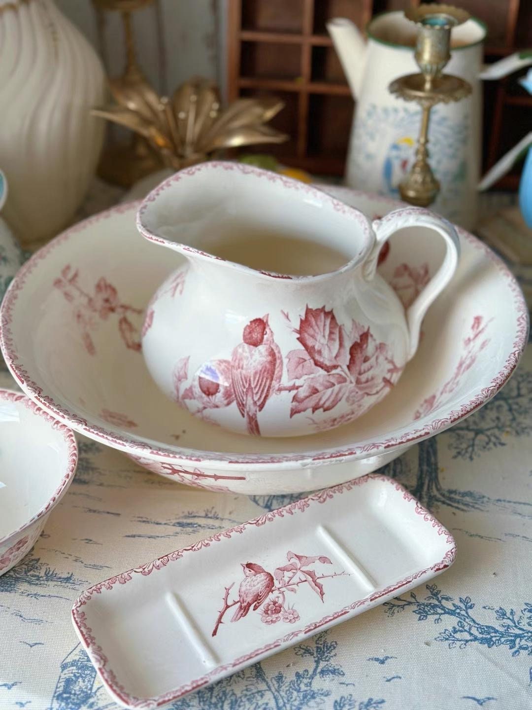 Toilet Set pitcher/basin Choisy Le Roi Bird & Red Flower Pattern - Etsy