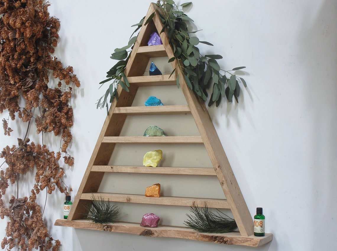 The 7 Chakra English Oak Crystal Pyramid, Triangle Crystal Shelf, Wall ...