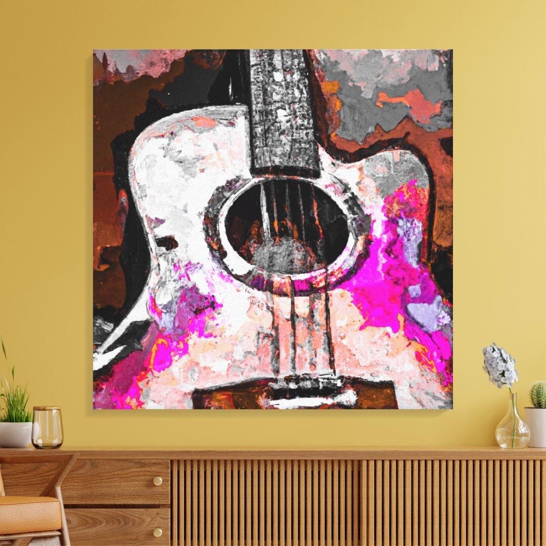 Abstract Guitar Wall Art: Textured Impasto Canvas Print in Silver, Pink ...