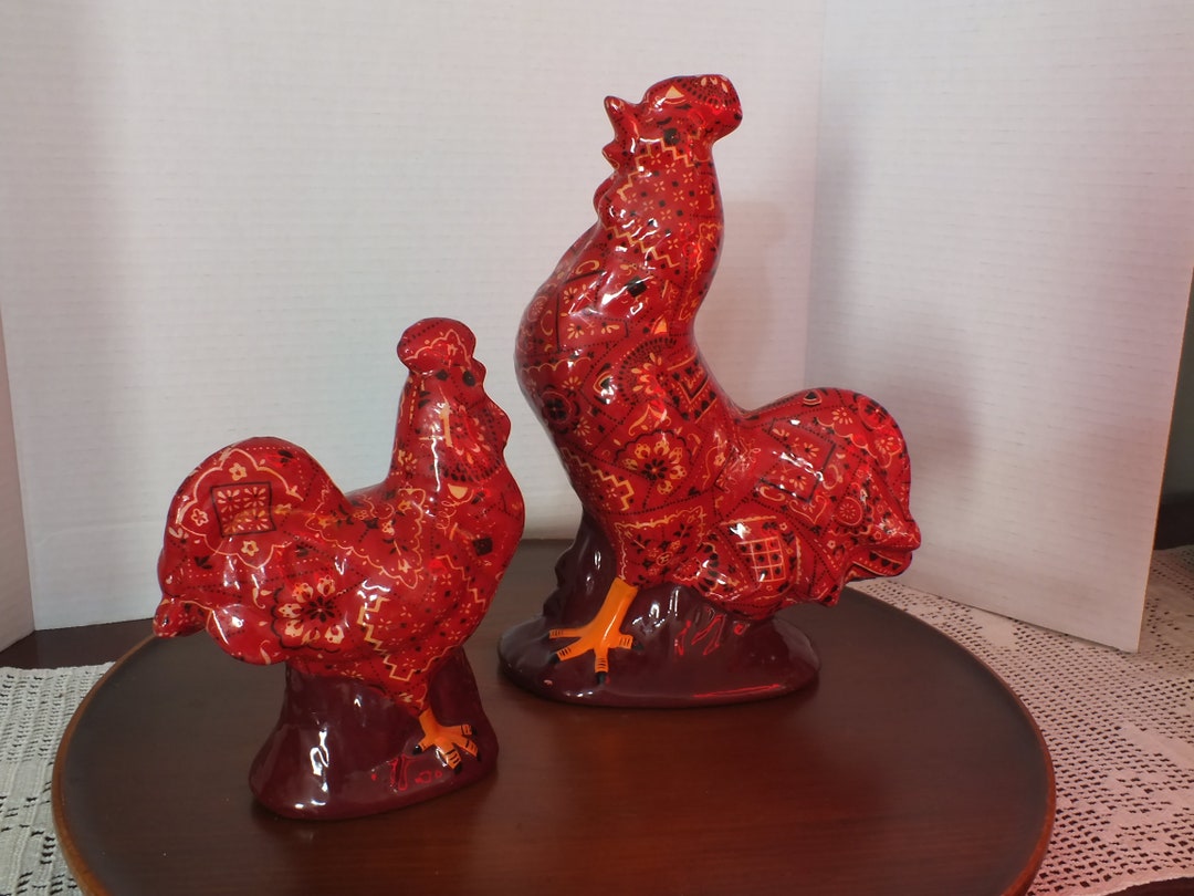 Vintage Red Bandana Rooster and Hen Set of 2 - Etsy