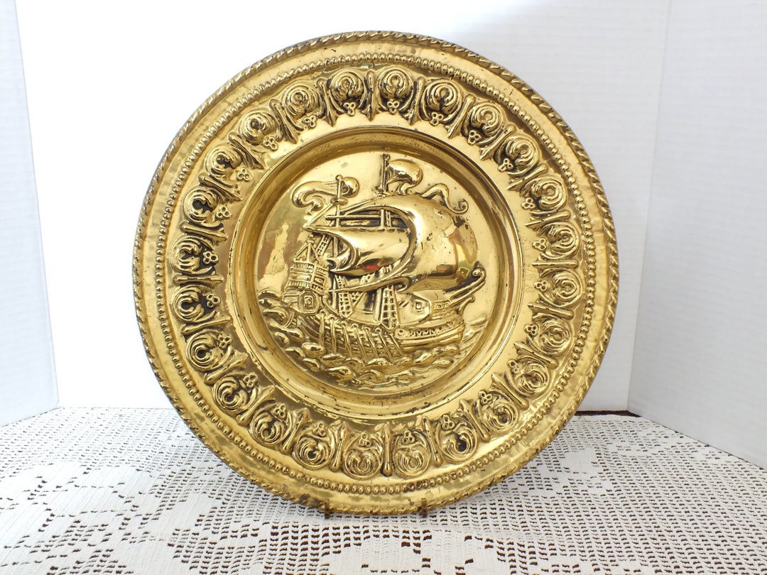 Mid-century Modern, Vintage Brass Repousse Wall Hanging Plate Sailing ...