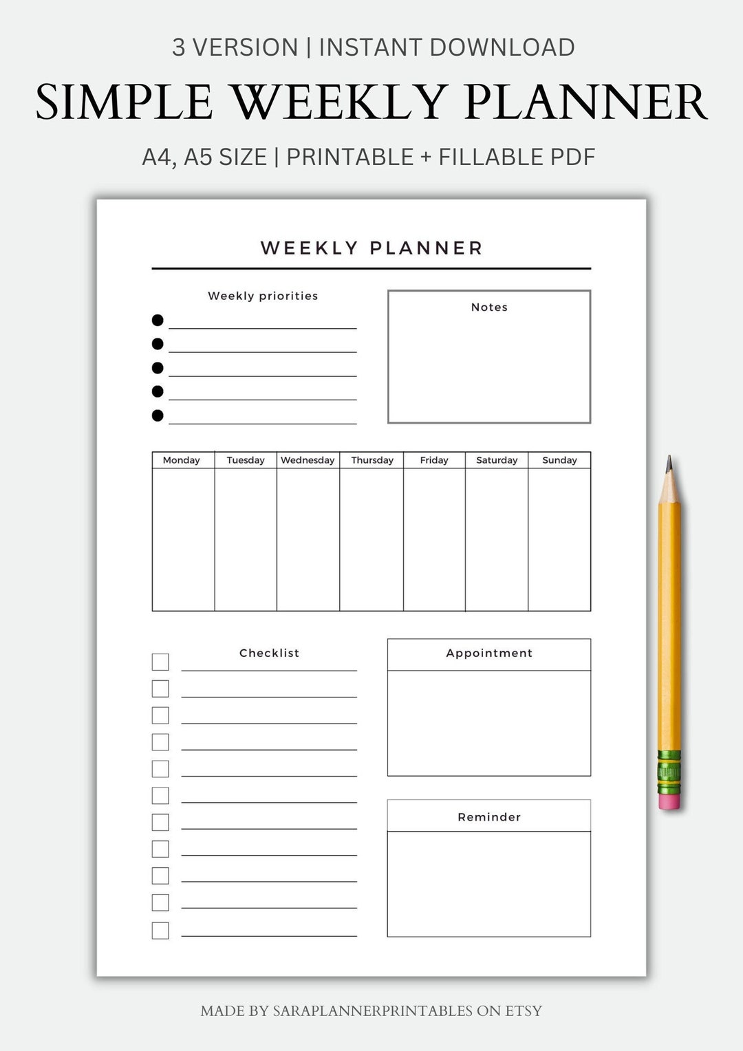 Simple Weekly Planner Printables, Minimalist Weekly Planner Template ...