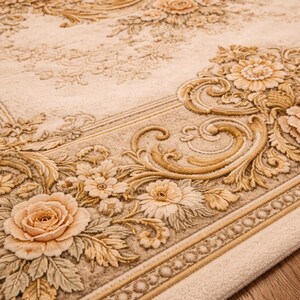 Wool Tufted Area Rug | Cream & Gold Floral Medallion Carpet - Etsy