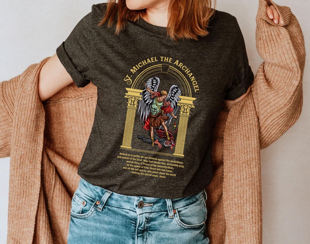 Saint Michael Archangel Shirts, Defend Us in Battle Slaying the Dragon ...