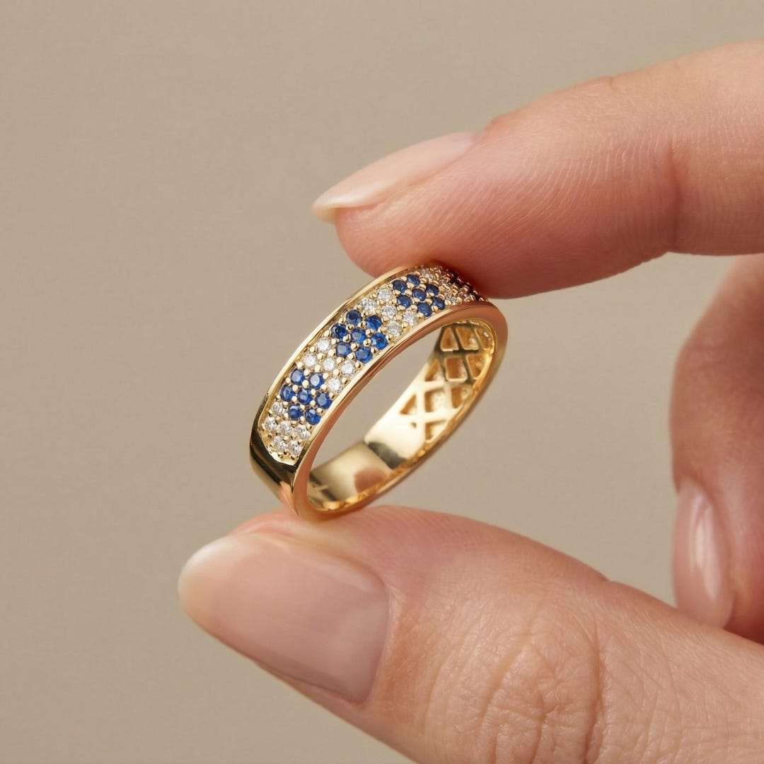 Pavé Color Band Ring – Modern Gold Wedding Band With Blue and White ...