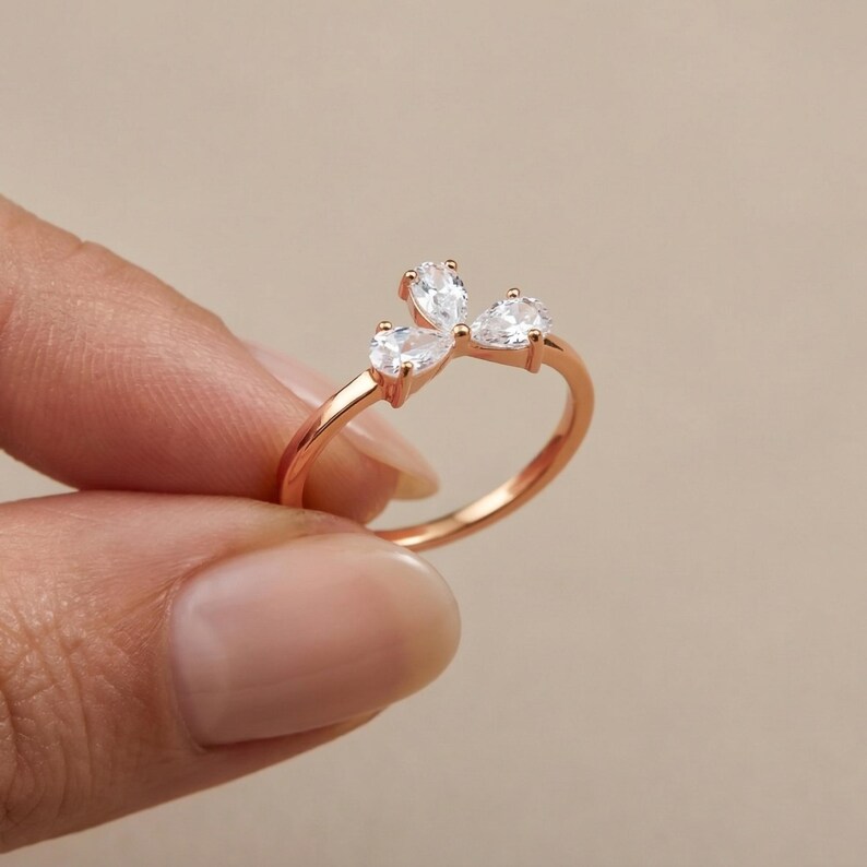 Triple Marquise Stone Ring – Minimal Leaf Design Gold Ring, Elegant ...