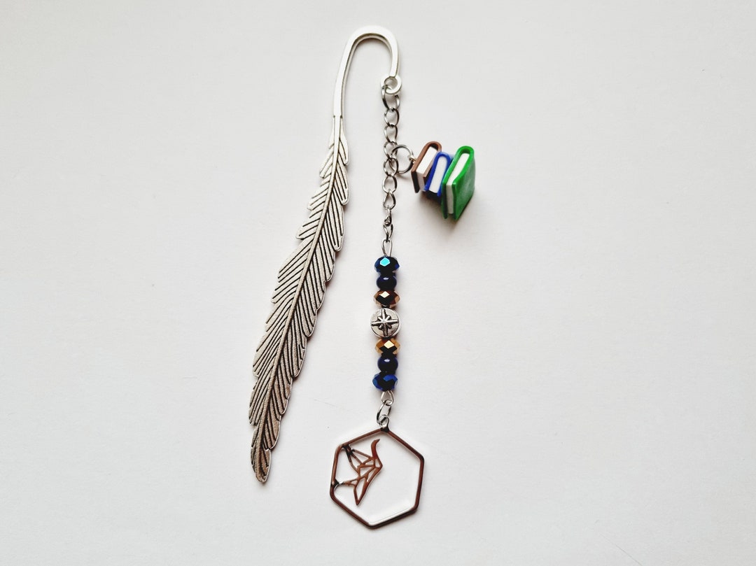 Origami Crane Bookmark Books in Colorful Fimo Beads Blue Bronze Silver ...