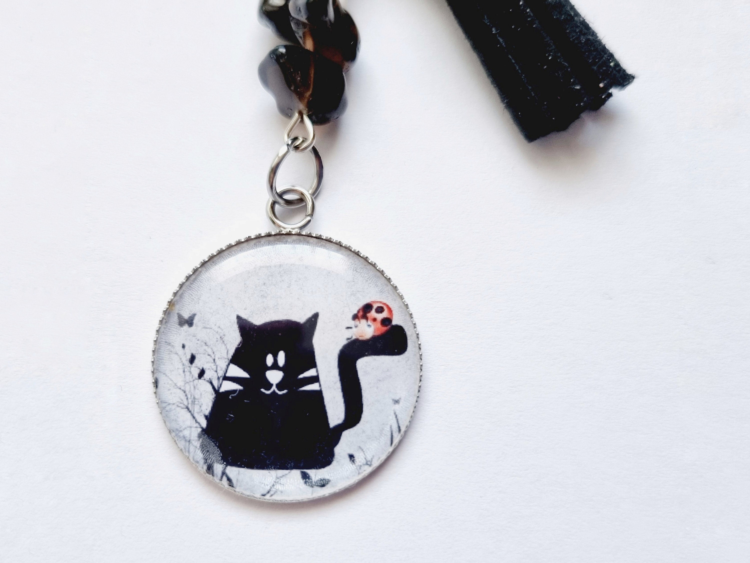 Black Cat Key Ring Natural Stones Smoky Quartz Shooting Star Ladybug ...