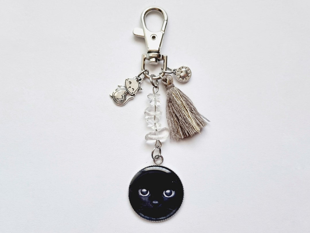 Black Cat Key Ring Natural Stones Rock Crystal Light Gray Cat Heart ...