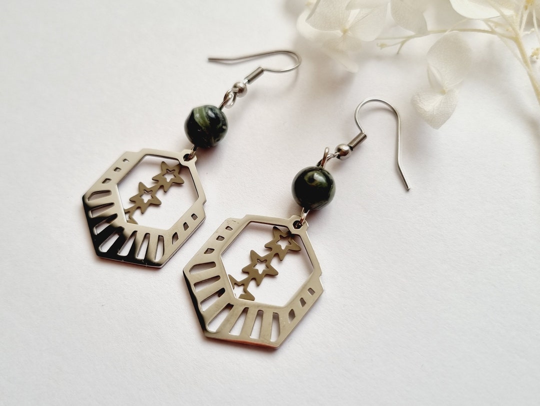 Women's Anti-stress Protection Earrings in Silver Metal Kambaba Jasper ...