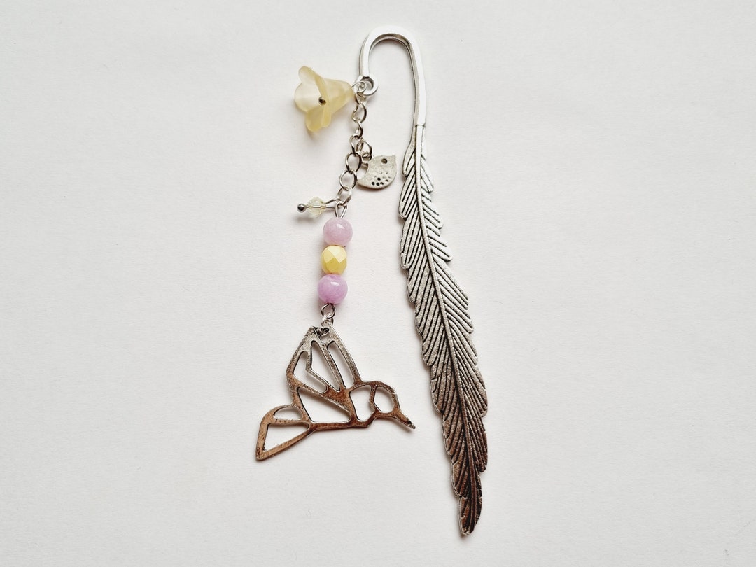 Pastel Hummingbird Bookmark Flowers Pearls Pink Yellow Silver Feather ...