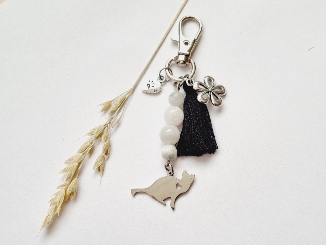 Cat Key Ring in Natural Stones Moonstone Black Pompom Flower Gift Idea ...