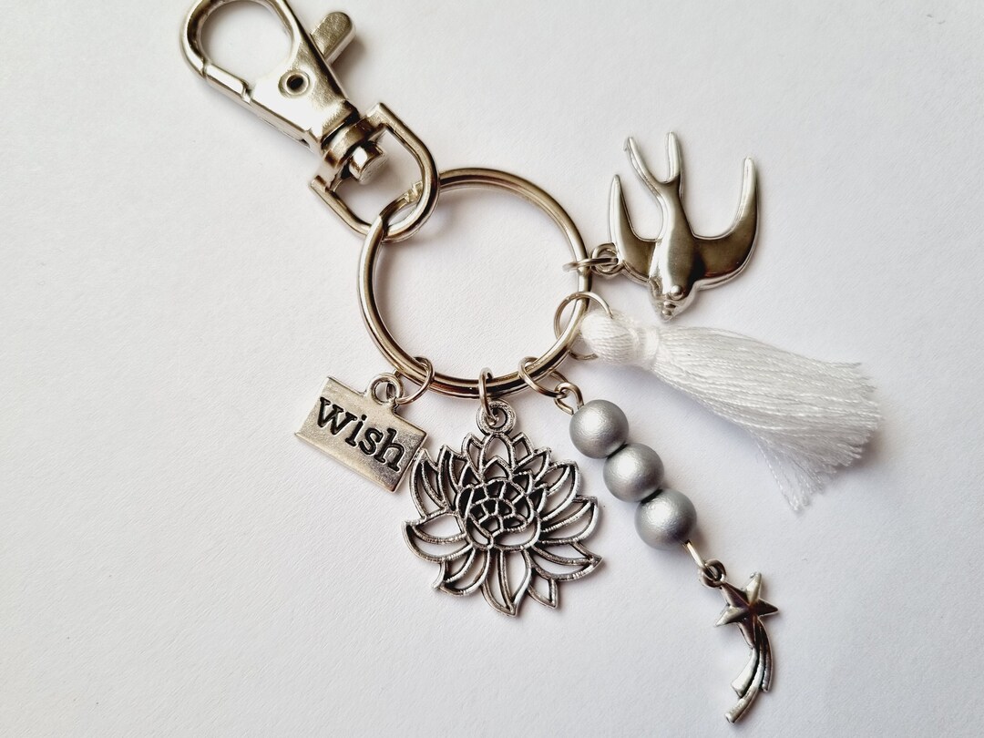 WISH Key Ring and Lucky Card Swallow Lotus Flower Shooting Star White ...