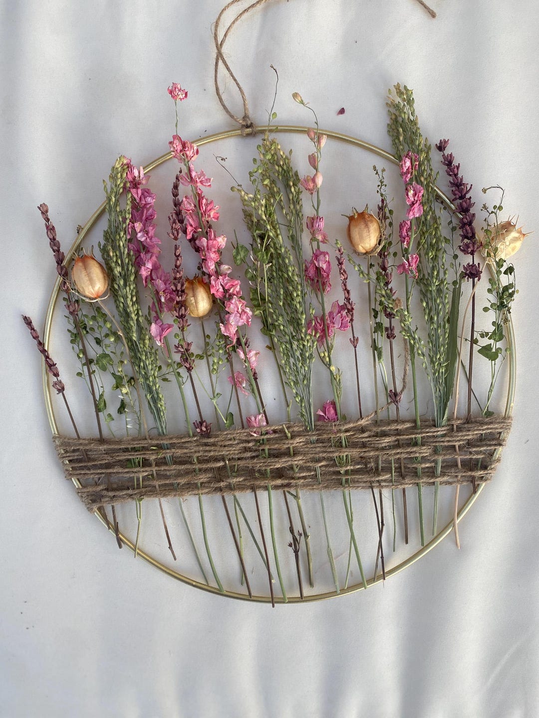 Dried Flower Hoop Wall Hanging – Pink Larkspur & Lavender, Boho Decor ...