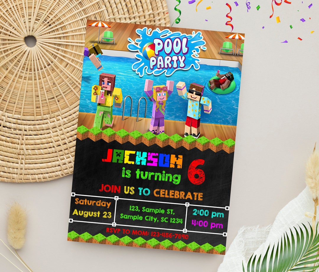 Minecraft Pool Party Birthday Invitation Kids Birthday Invitation ...
