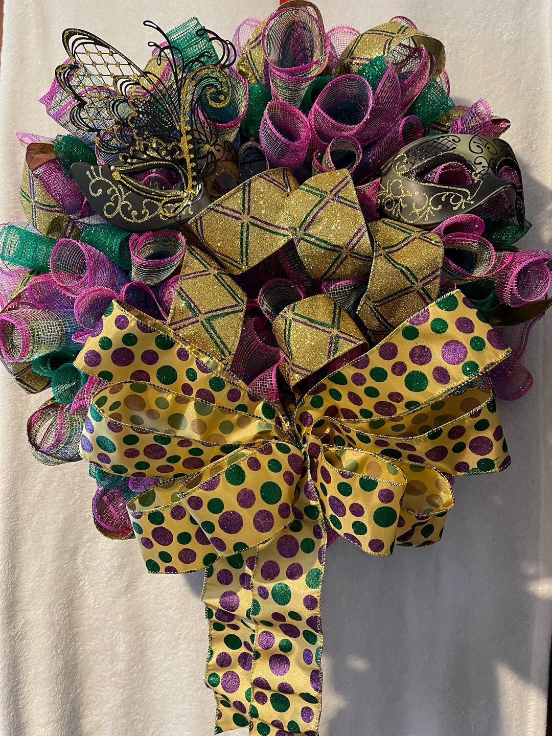 Mardi Gras Deco Mesh Wreath With Gold Bow, Front Door Wreath, Party ...