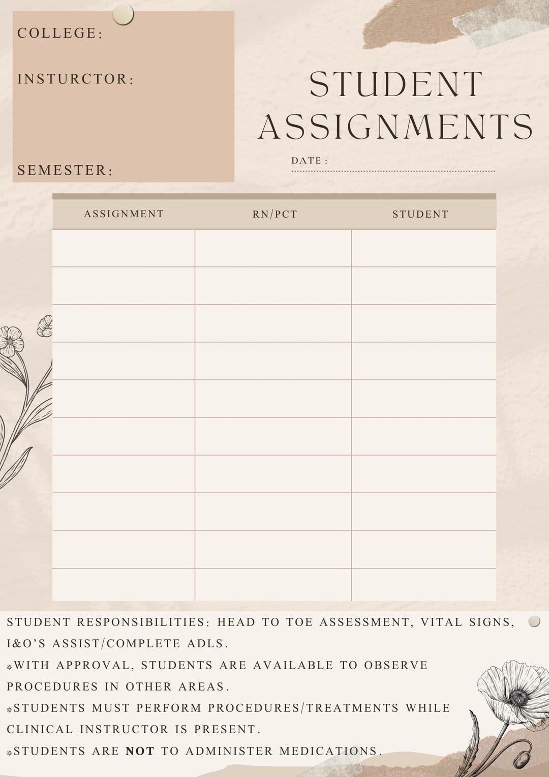 Clinical Assignment Sheet - Etsy