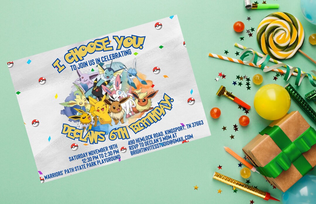 Pokemon / Poke-ball / Pikachu / Evee Birthday Party Editable Invitation ...