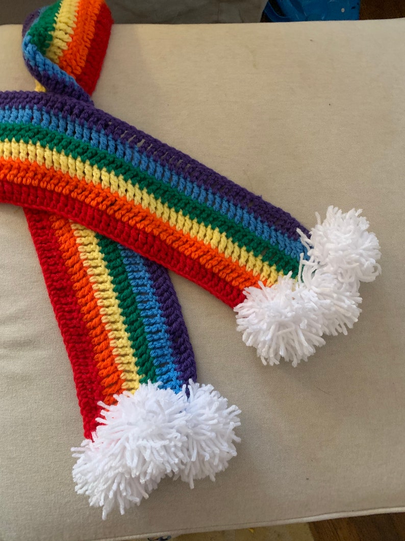 Rainbow Cloud Crochet Scarf, Handmade Winter Accessory With Pom Poms - Etsy