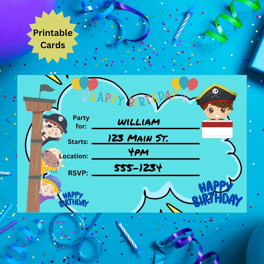 10 Assorted Color BIRTHDAY Invitations, 3x5 Sized Invitations, Pirate ...