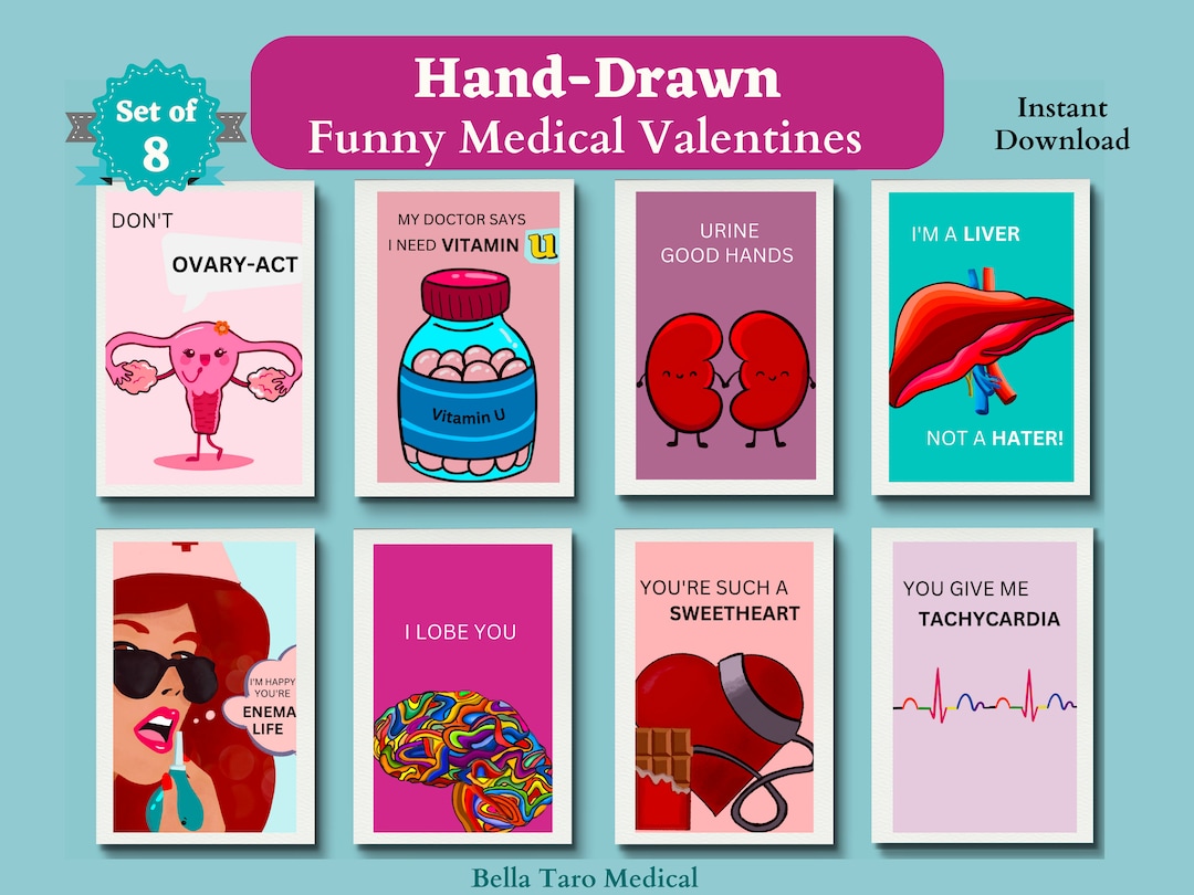 Funny Medical Valentine's Day Cards, Hand-drawn Medical Pun Valentines ...