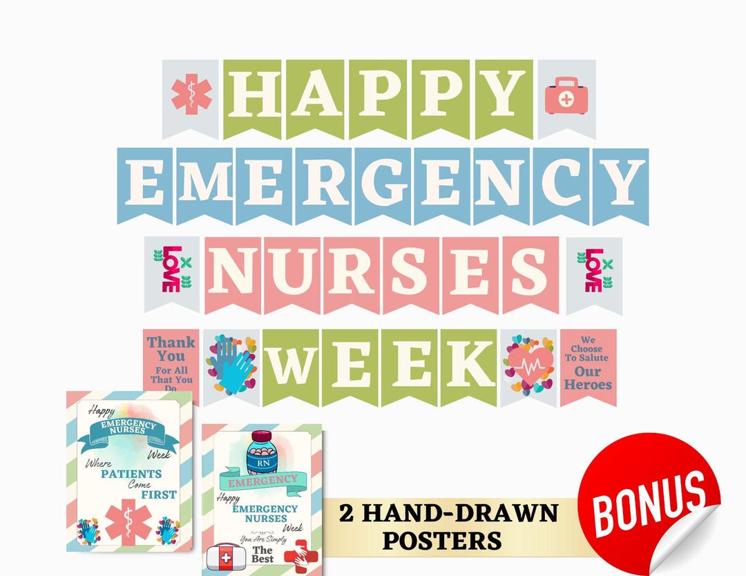Happy Emergency Nurses Week Banner Printable and Posters / Hand-drawn Emergency ER Nurse Banner ...