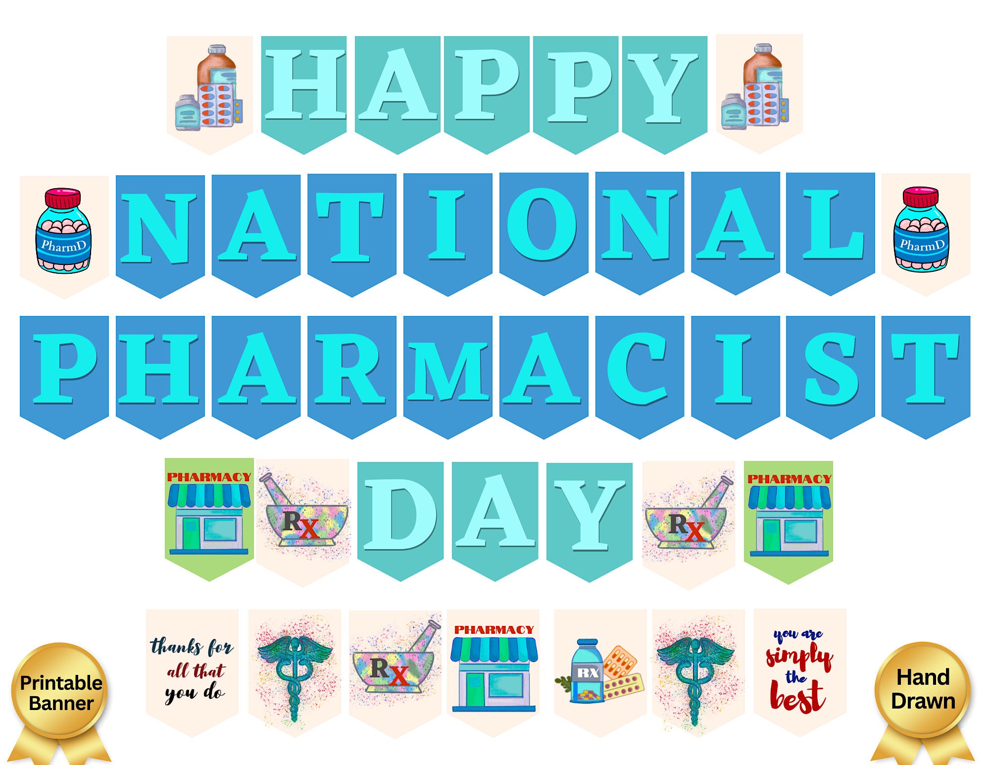 Pharmacist Day Printable Banner, Hand-drawn Happy National Pharmacist ...