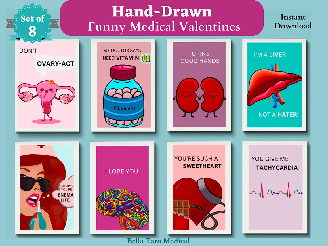 Funny Medical Valentine's Day Cards, Hand-drawn Medical Pun Valentines ...