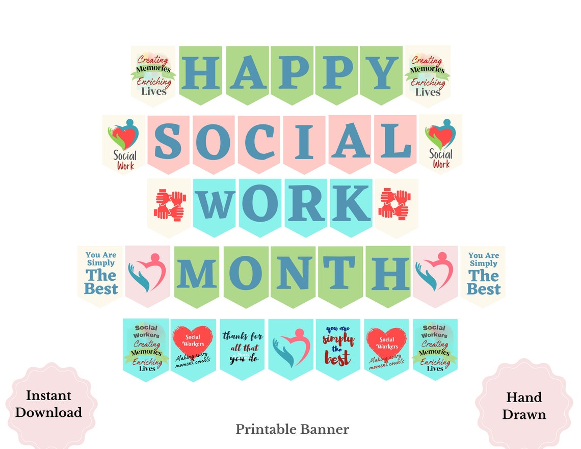 Social Work Month Printable Banner, Hand-drawn Happy Social Work Month ...