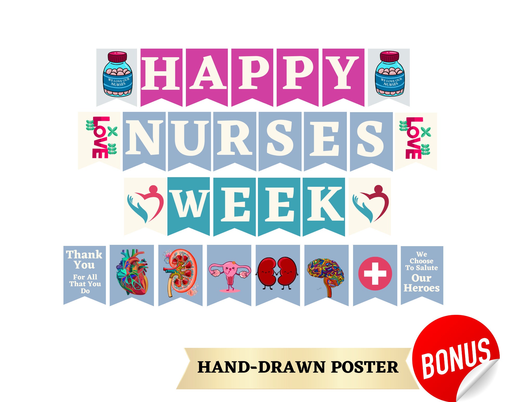 Nurses Week Printable Sign, Hand-drawn Colorful Nurses Week Banner, Nurse Appreciation Week ...