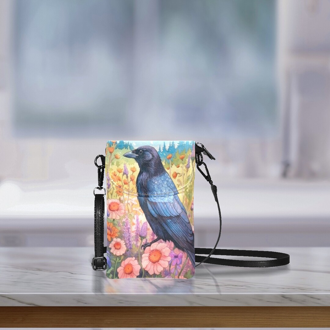 Cottagecore Crow Mini Purse, Cute Pastel Floral Bird Phone Wallet Purse ...