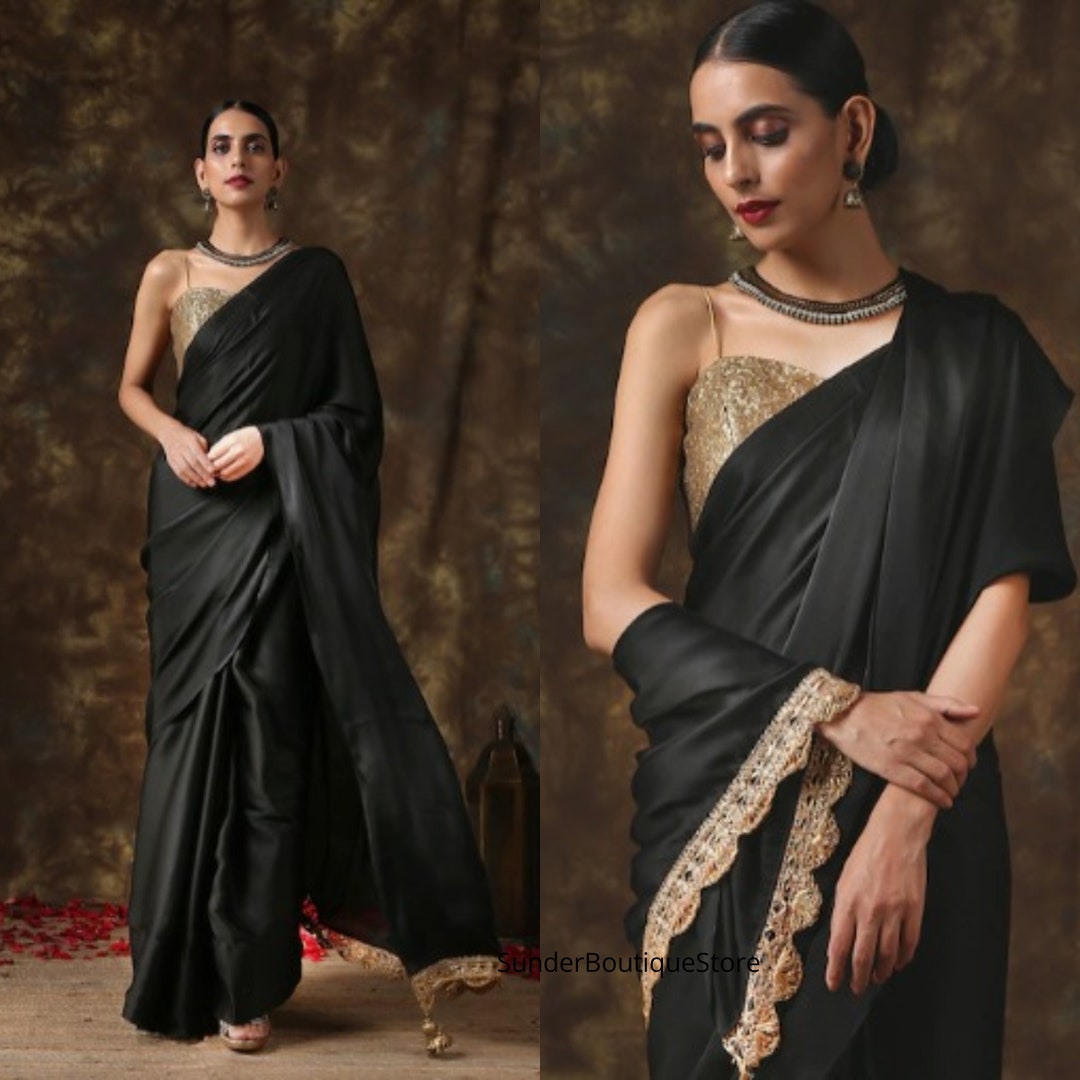 Black Solid Satin Saree Sequence Party Wear Saree Blouse Saree For