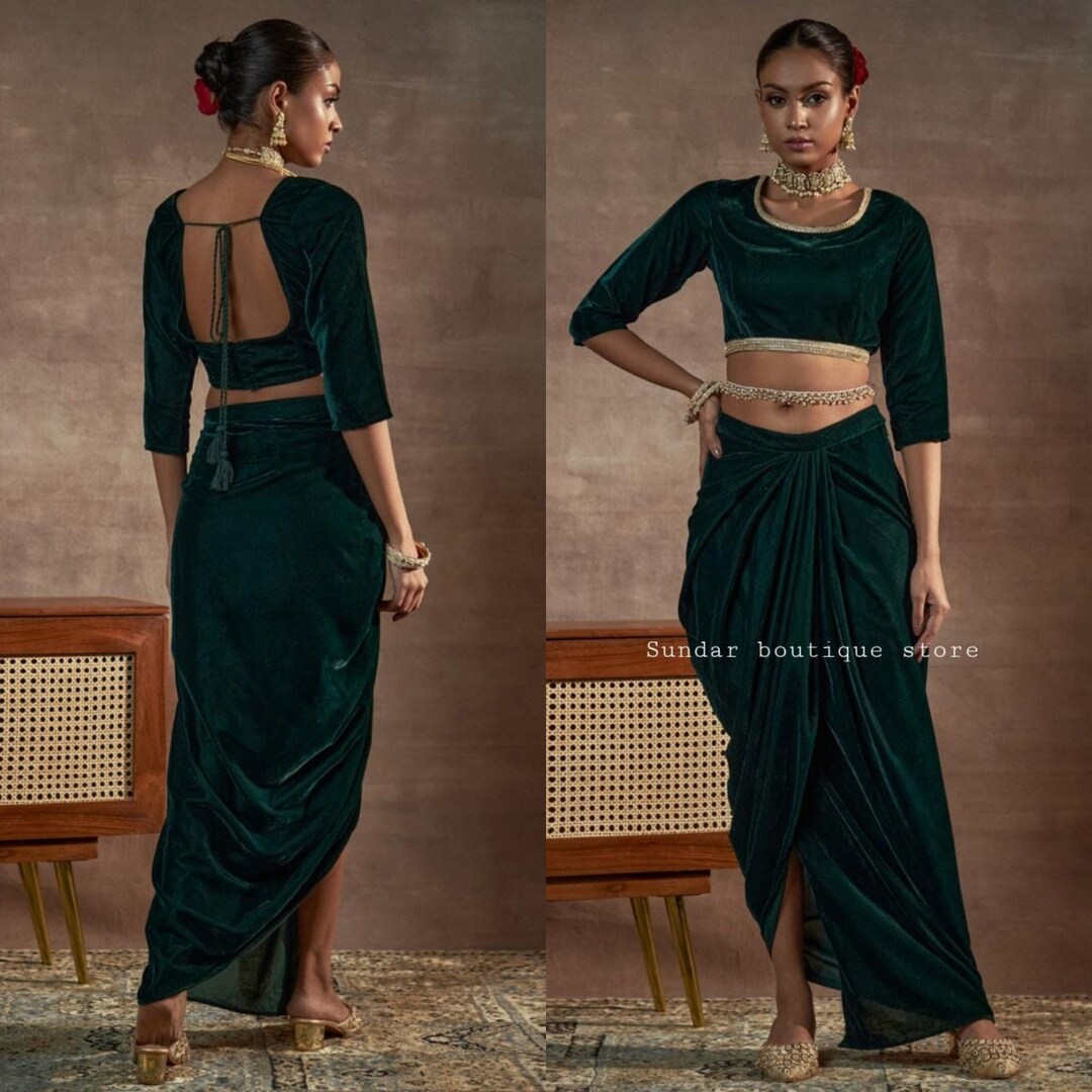 Latest Velvet Draped Blouse Dhoti Party Indo Western Dhoti Skirts Crop ...