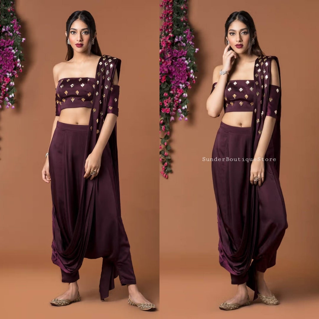 Maroon Milano Satin Dhoti Saree With Blouse Dhoti Saree Lovely Outfit ...