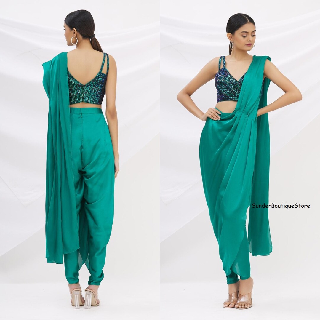 Indian Saree Satin Pre-draped Pant Saree With Blouse Dhoti Pant Saree Beautiful Cocktail Party ...