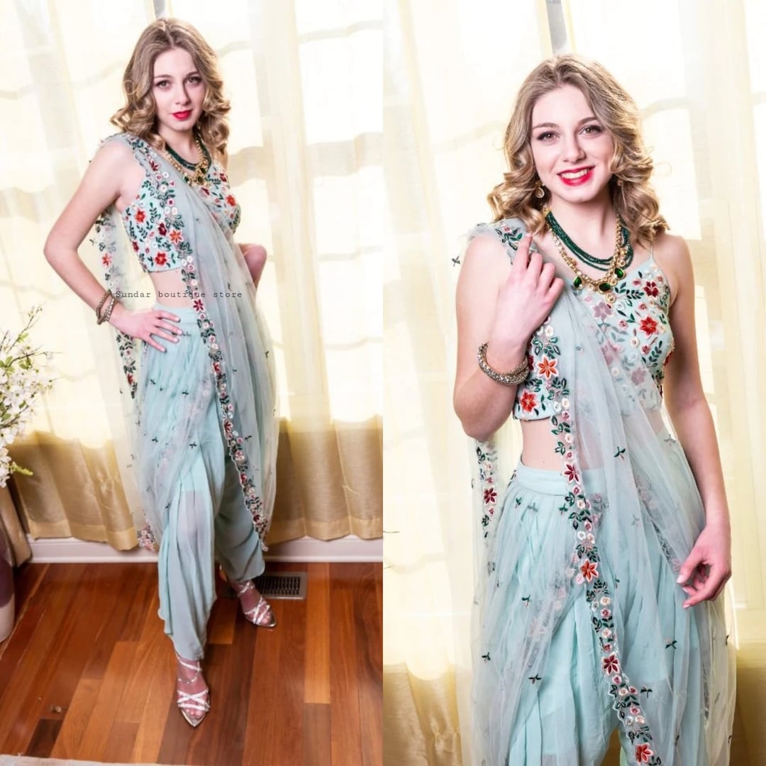 Mint Blue Dhoti Style Saree Georgette, Net Stunning Dhoti Saree Outfit ...