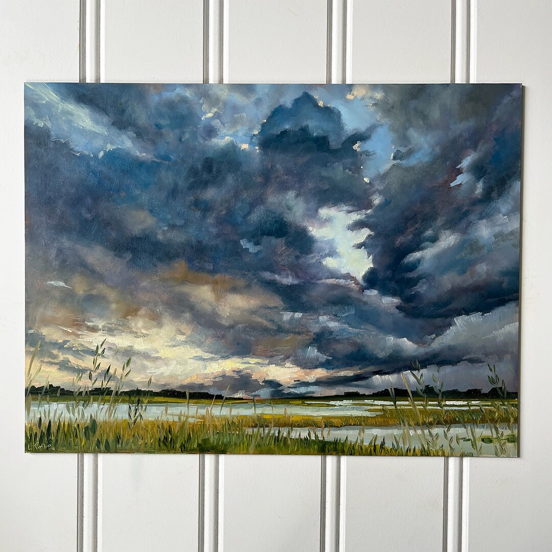 Original Oil Painting, Dark Clouds Over Marsh, 12x16 Signed by Artist ...