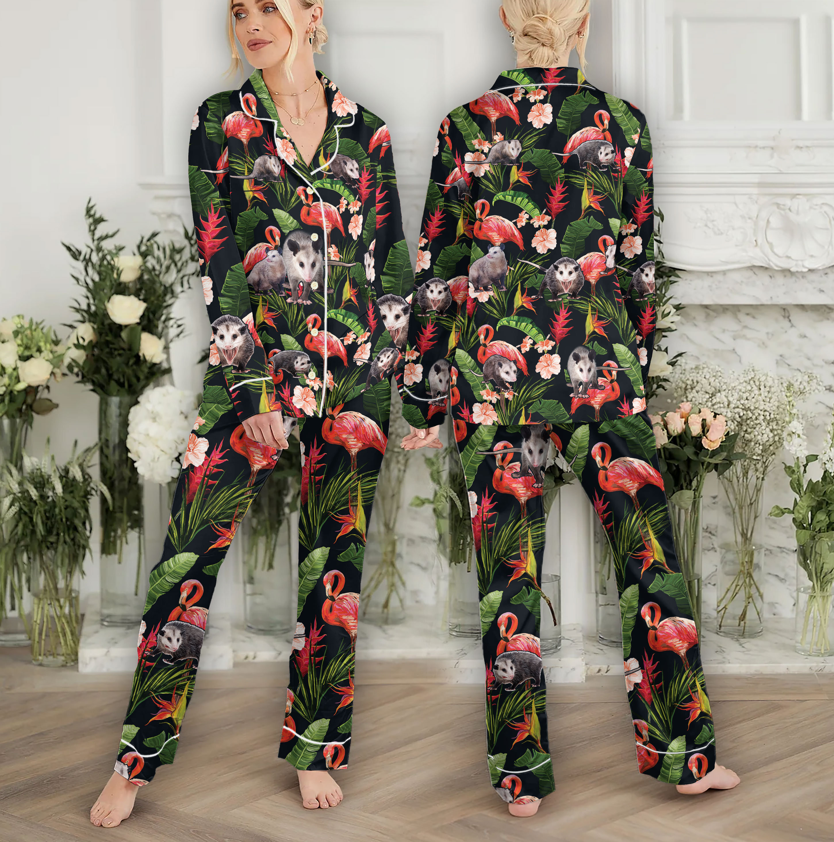 Flamingo Possum Pajamas, Tropical Opossum Pajamas Set, Palm Leaf ...