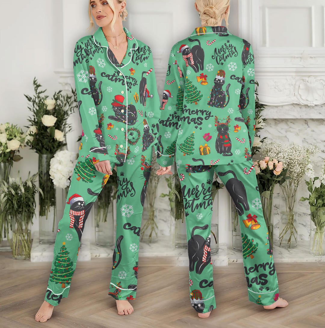 Cute Black Cat Christmas Pajamas Set, Cat Holiday Pajamas, Merry Catmas ...