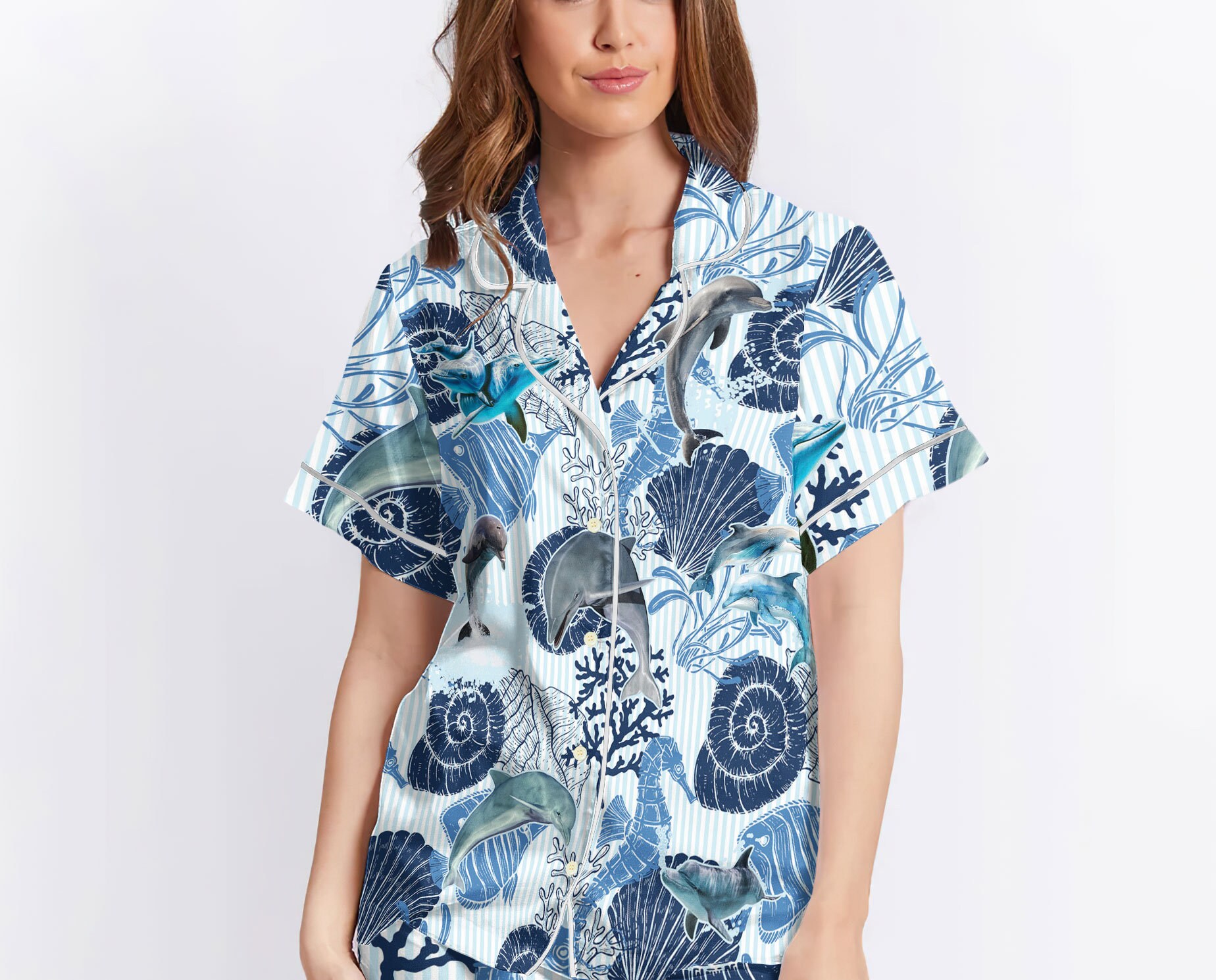 Dolphin Seahorse Pajamas, Seashells Beach Hawaiian Pajamas, Ocean Lover ...